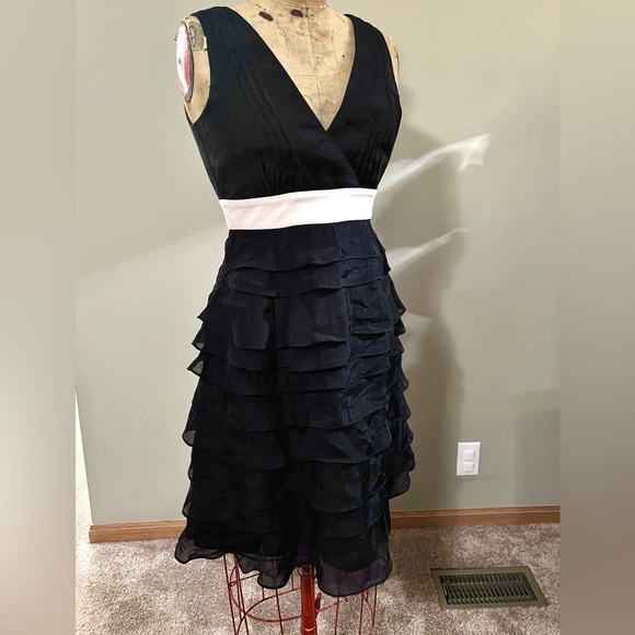 Dresses | Bcbg Paris Black Ruffled Tier Silk Dress W White Waist | Poshmark